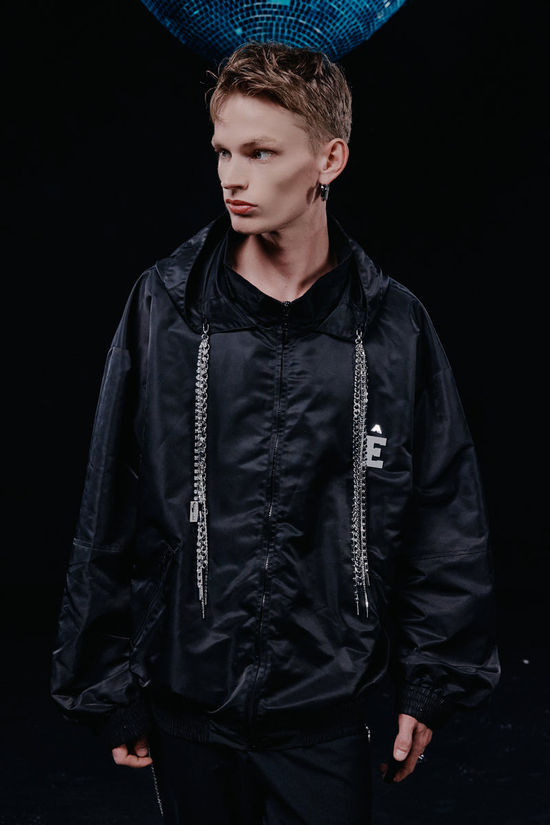 BLACK NYLON WATERPROOF JACKET WITH STRINGS - EASTICE